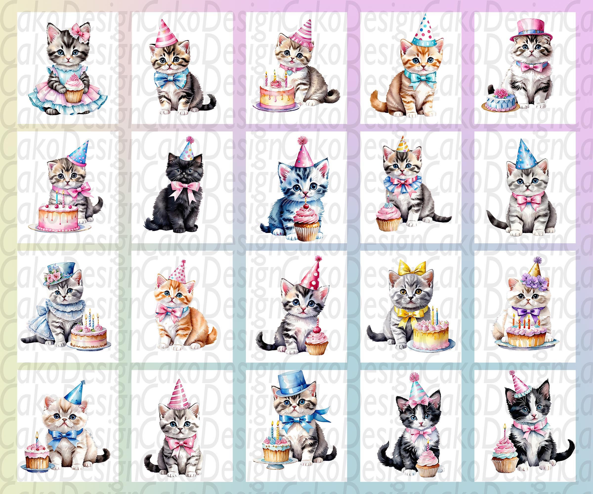Watercolor Birthday Cats Clipart,cat Png,birthday Clipart,transparent ...