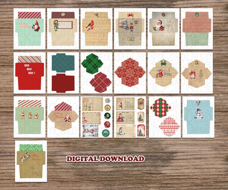 Mini Christmas Envelopes & Cards Kit, Printable Holiday Stationery ...