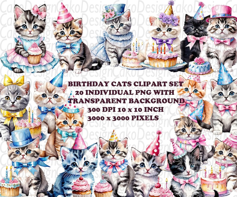 Watercolor Birthday Cats Clipart,cat Png,birthday Clipart,transparent ...