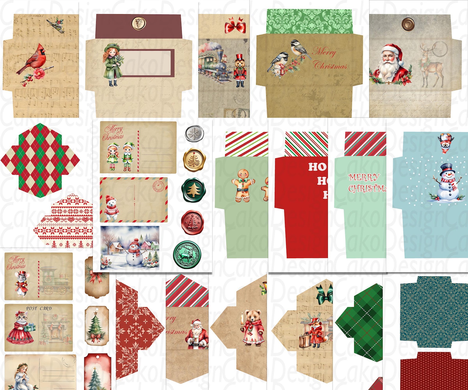 Mini Christmas Envelopes & Cards Kit, Printable Holiday Stationery ...