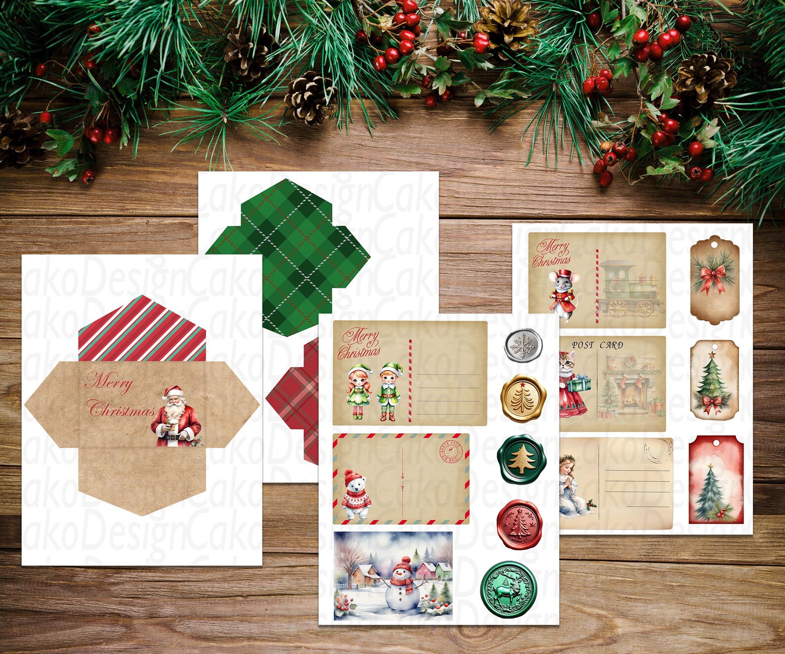 Mini Christmas Envelopes & Cards Kit, Printable Holiday Stationery ...