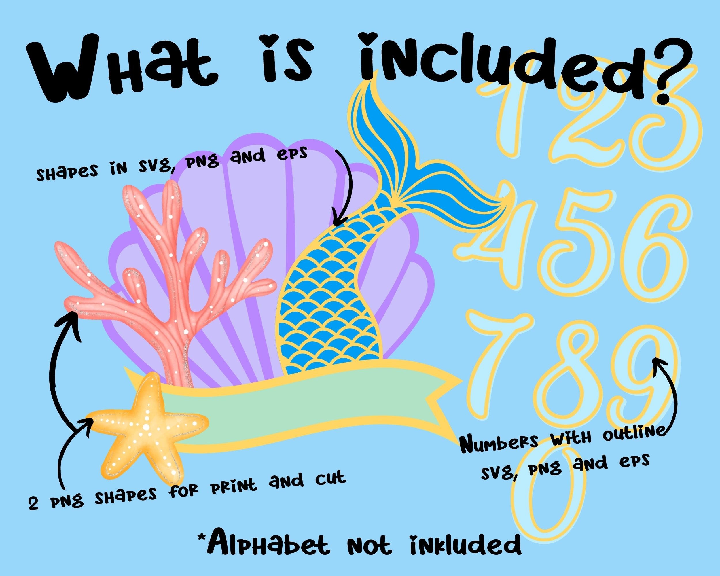 Mermaid, Sea, Shell, Banner, Starfish and Coral Cake Topper. Number ...