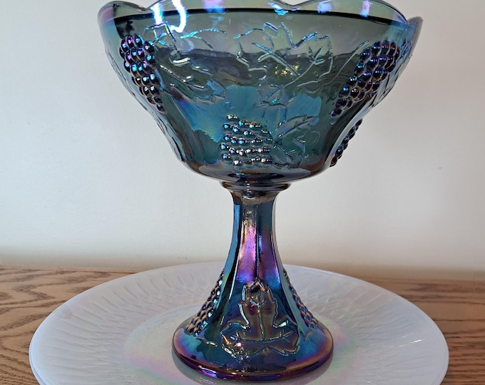 Blue Carnival Glass Large Compote, Indiana Glass Blue, Iridescent Blue ...