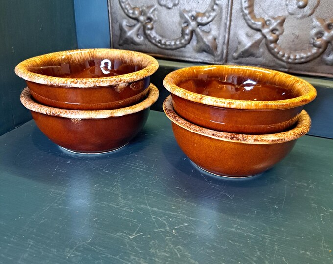Hull 5 Inch Bowls, Set of FOUR Vintage Brown Hull Drip Glazed Monmouth ...