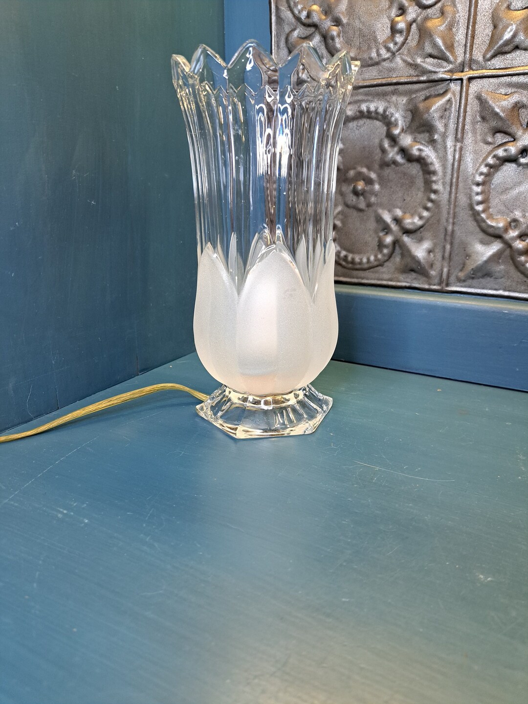 Lamp, 8-inch Vintage Frosted Glass Lamp With Glass Bass, Cut Glass ...