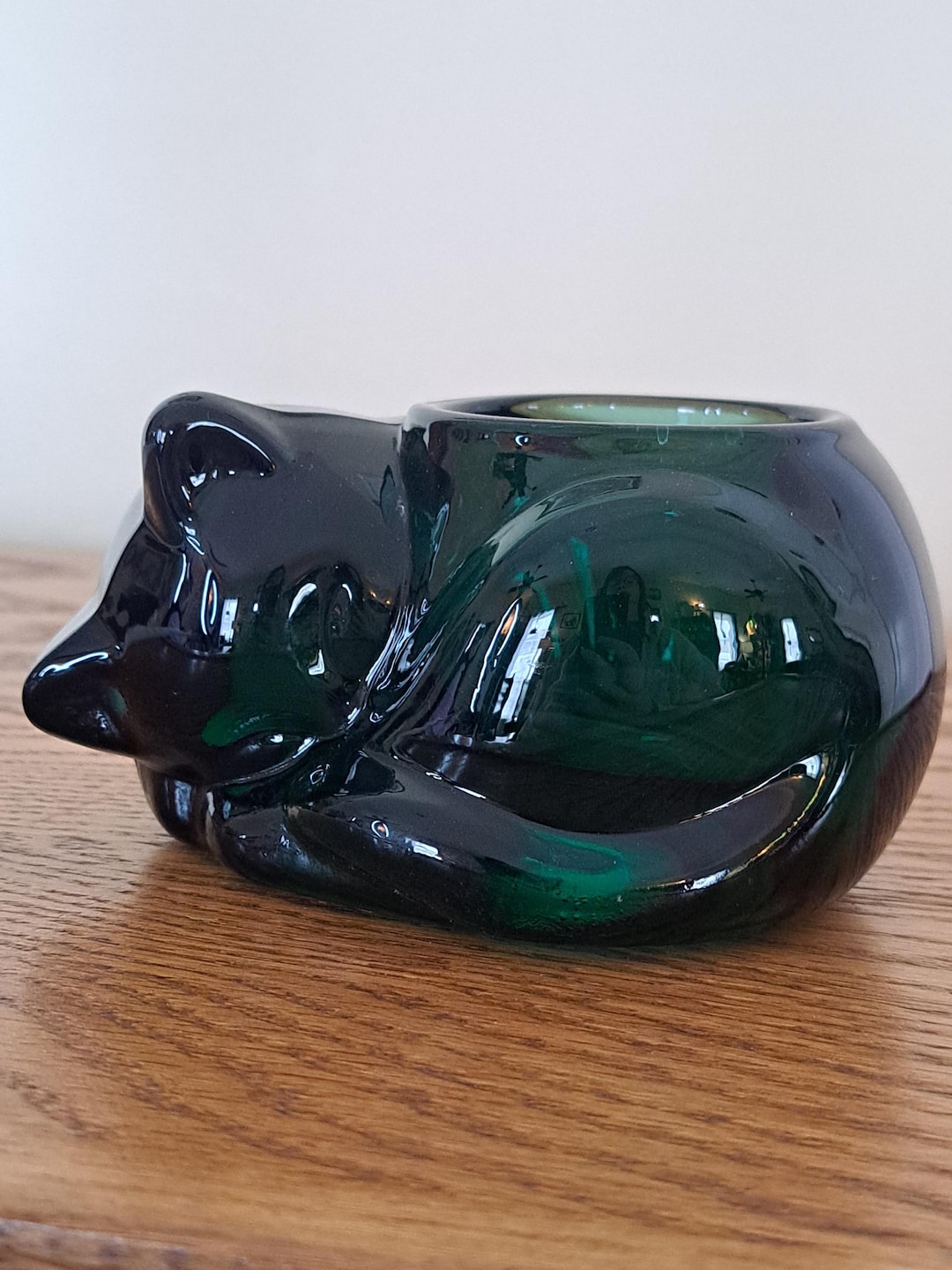 Cat Candle Holder, Vintage Green Indiana Glass Napping Cat Tea Light or ...