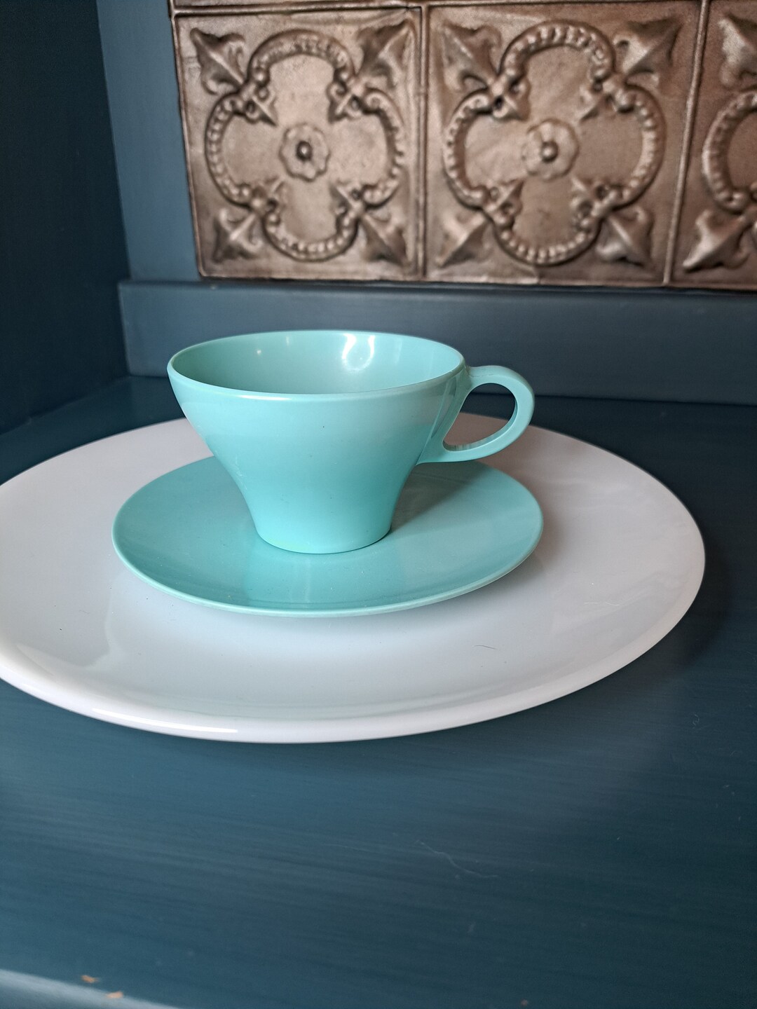 Melamine Melmac Teacup and Saucer, Vintage Turquoise Aqua Blue Green ...