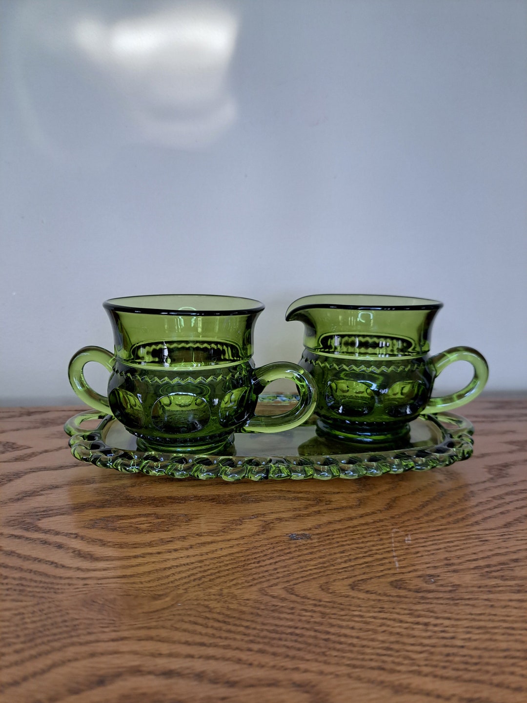 Sugar and Creamer, Vintage Green Glass Cream and Sugar With Tray Set ...
