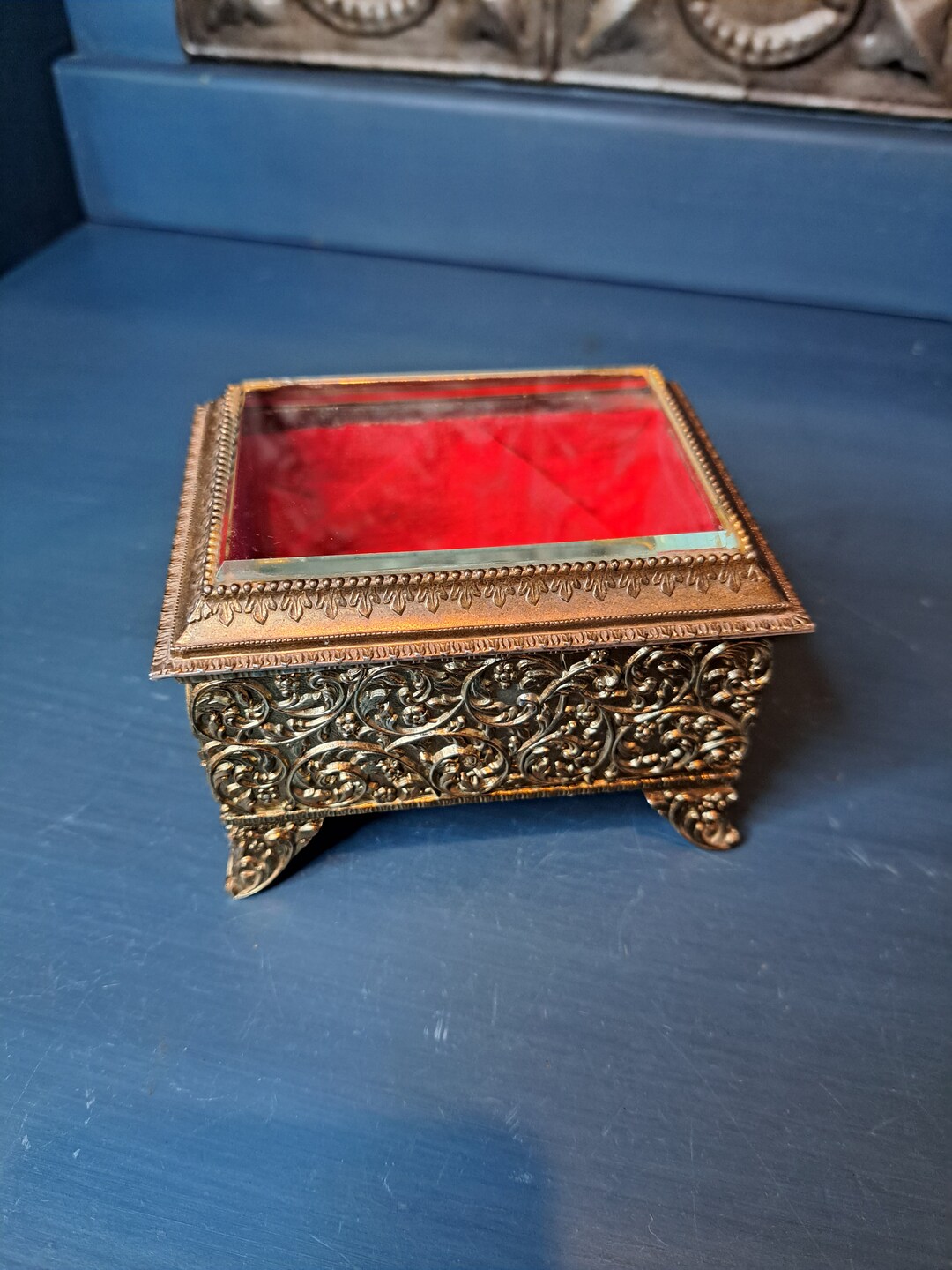 Brass Jewelry Trinket Box, Small Brass Box, Clear Glass Lid, Lidded ...
