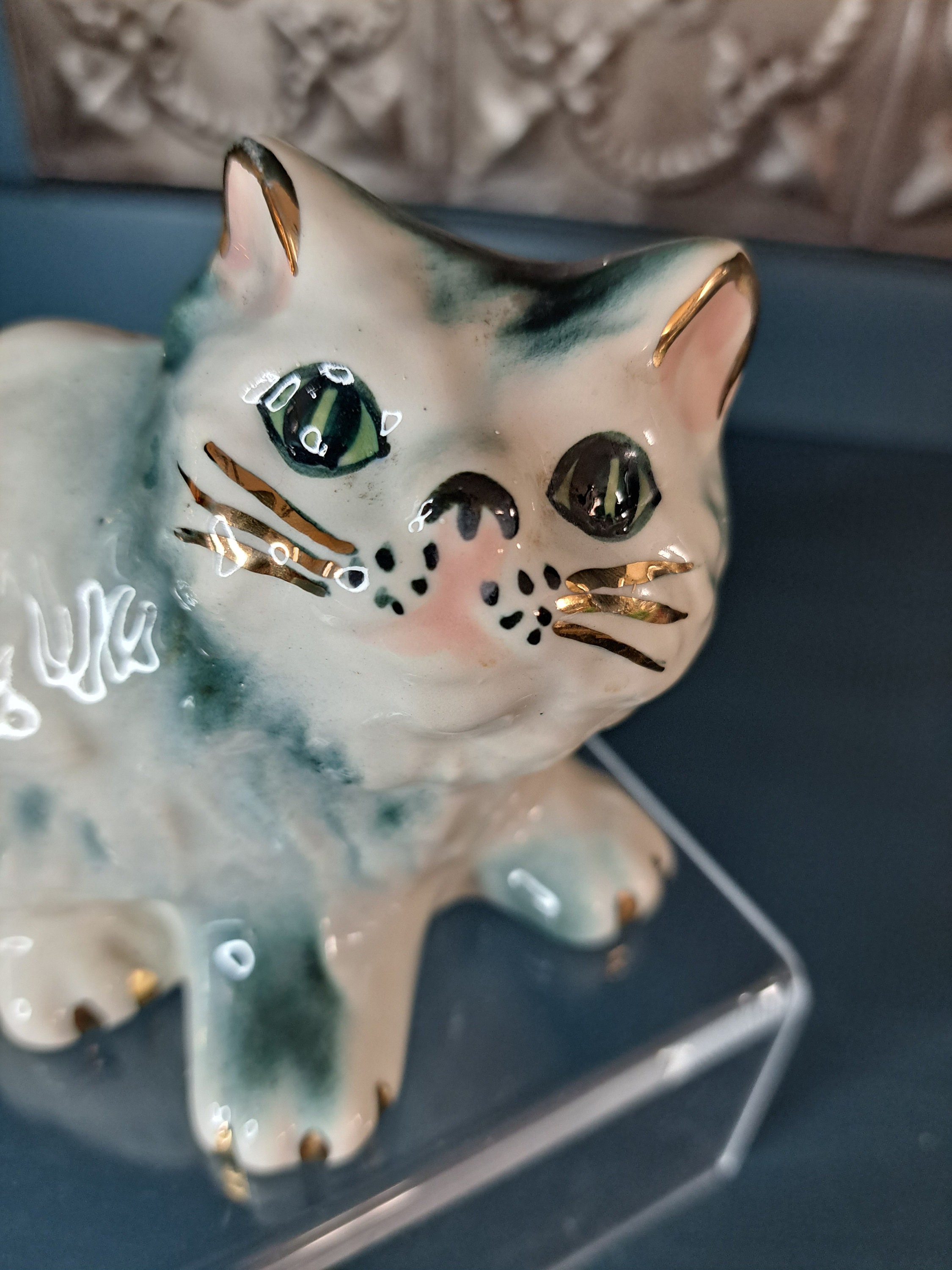 Cat Figurine White and Blue Cat With Gold Trim Figurine - Etsy