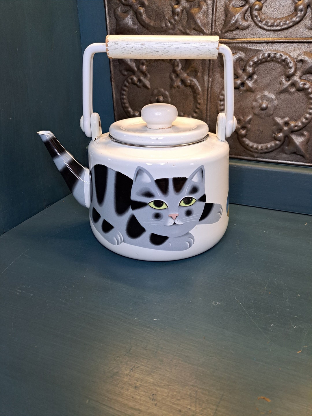 Cat Tea Kettle, Cat Tea Pot, Martin Leman Cat Collection White Enamel ...