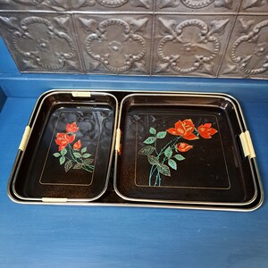 Serving Trays Sparkling Dark Brown W/ Red Roses Vintage Japanese ...