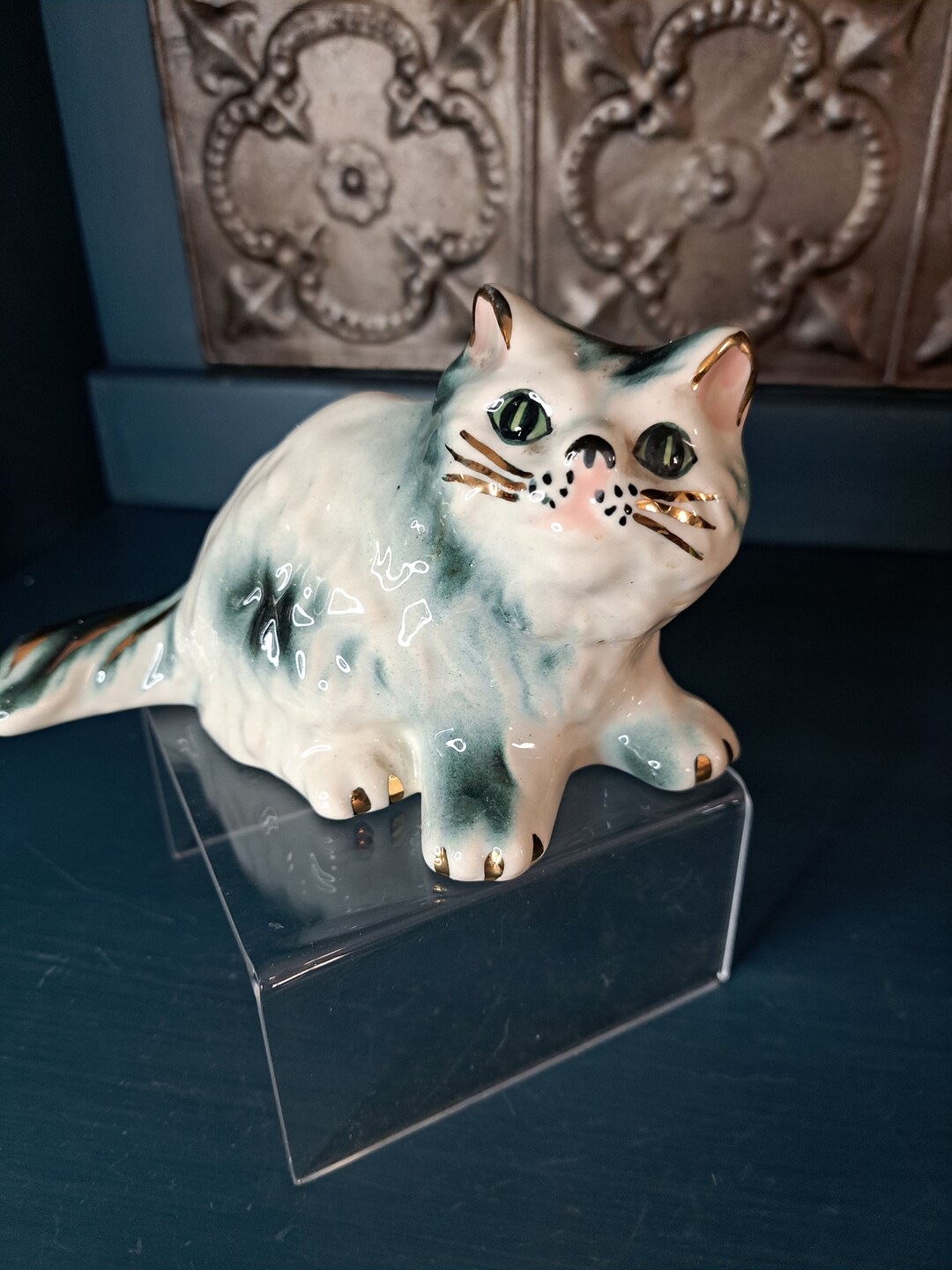 Cat Figurine, White and Blue Cat With Gold Trim Figurine, Vintage Cat ...