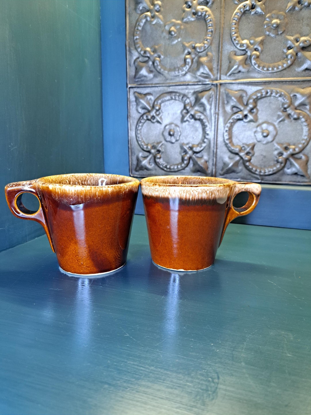 Mug, Pair of Hull Pottery Brown Drip Coffee Mug With Finger Portal ...