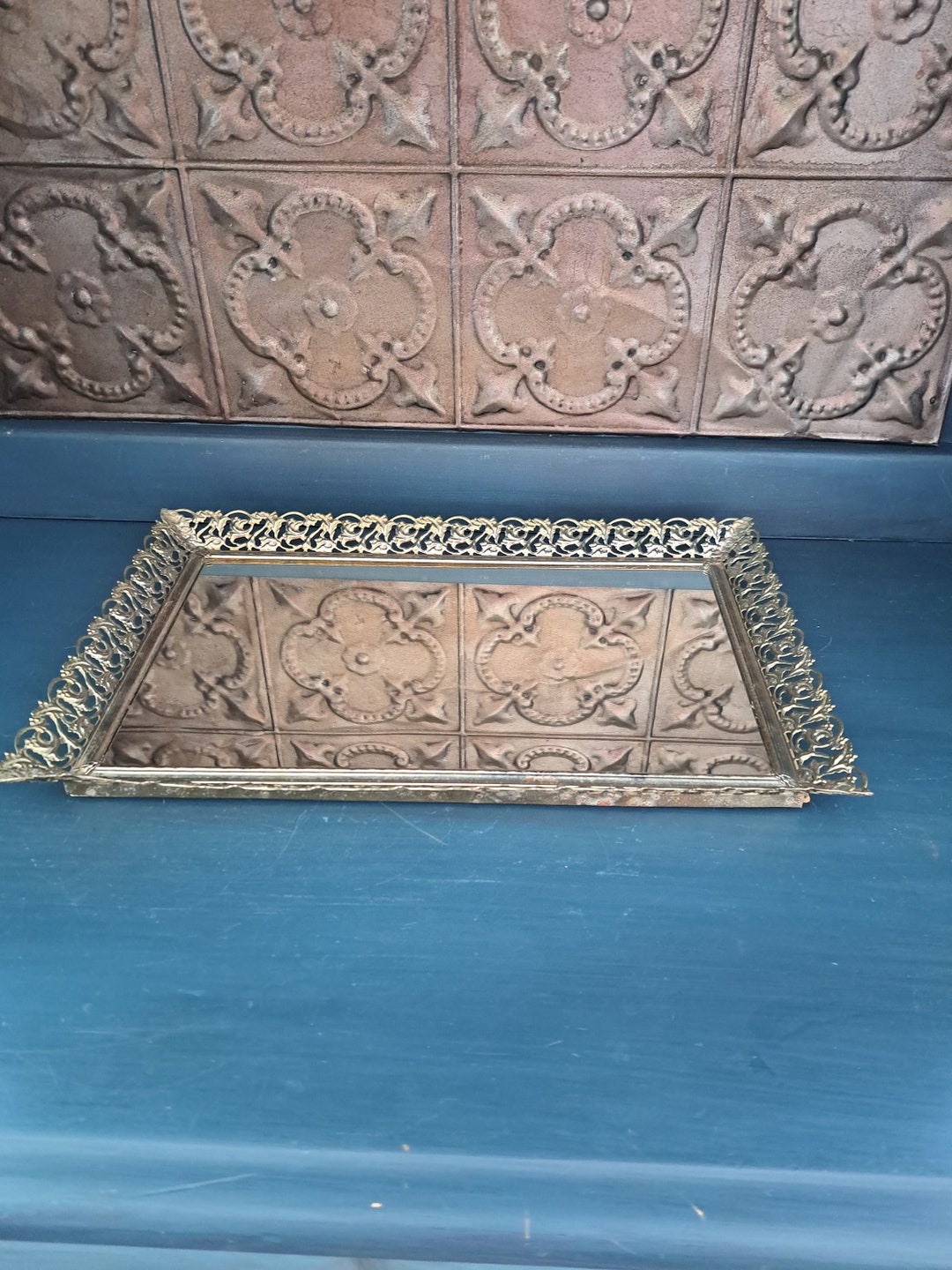 Hollywood Regency Large Mirror Tray, 15-in X 10-in, Silver Toned Floral ...