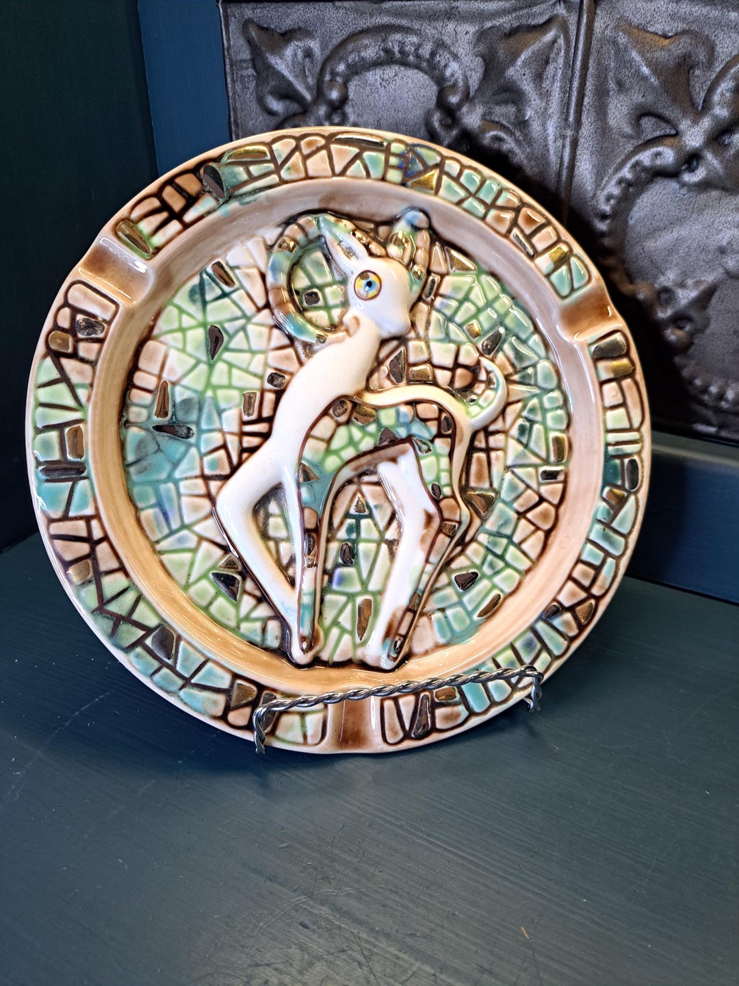 Ashtray Mid-century Modern, MCM Elegant Ashtray, Mosaic Green and Brown ...