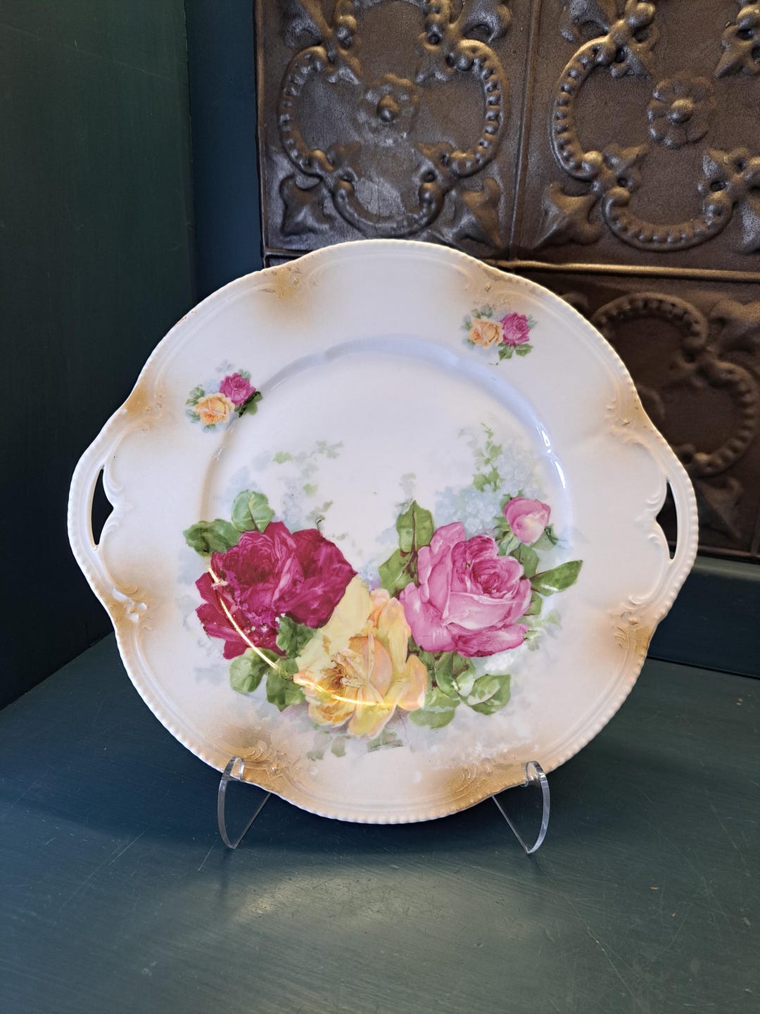 Cake Plate, 10.5-inch Vintage Cake Platter, Antique, Hand-painted Pink ...
