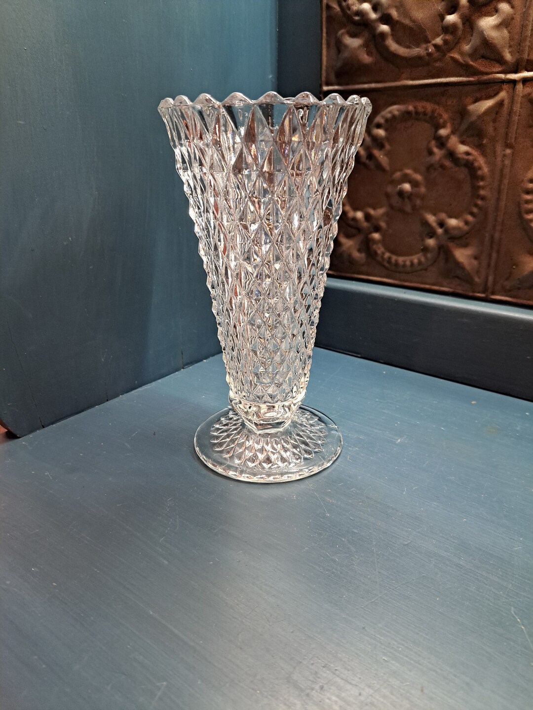 Vase, Vintage Indiana Glass Diamond Point Footed Vase, Diamond Pattern ...