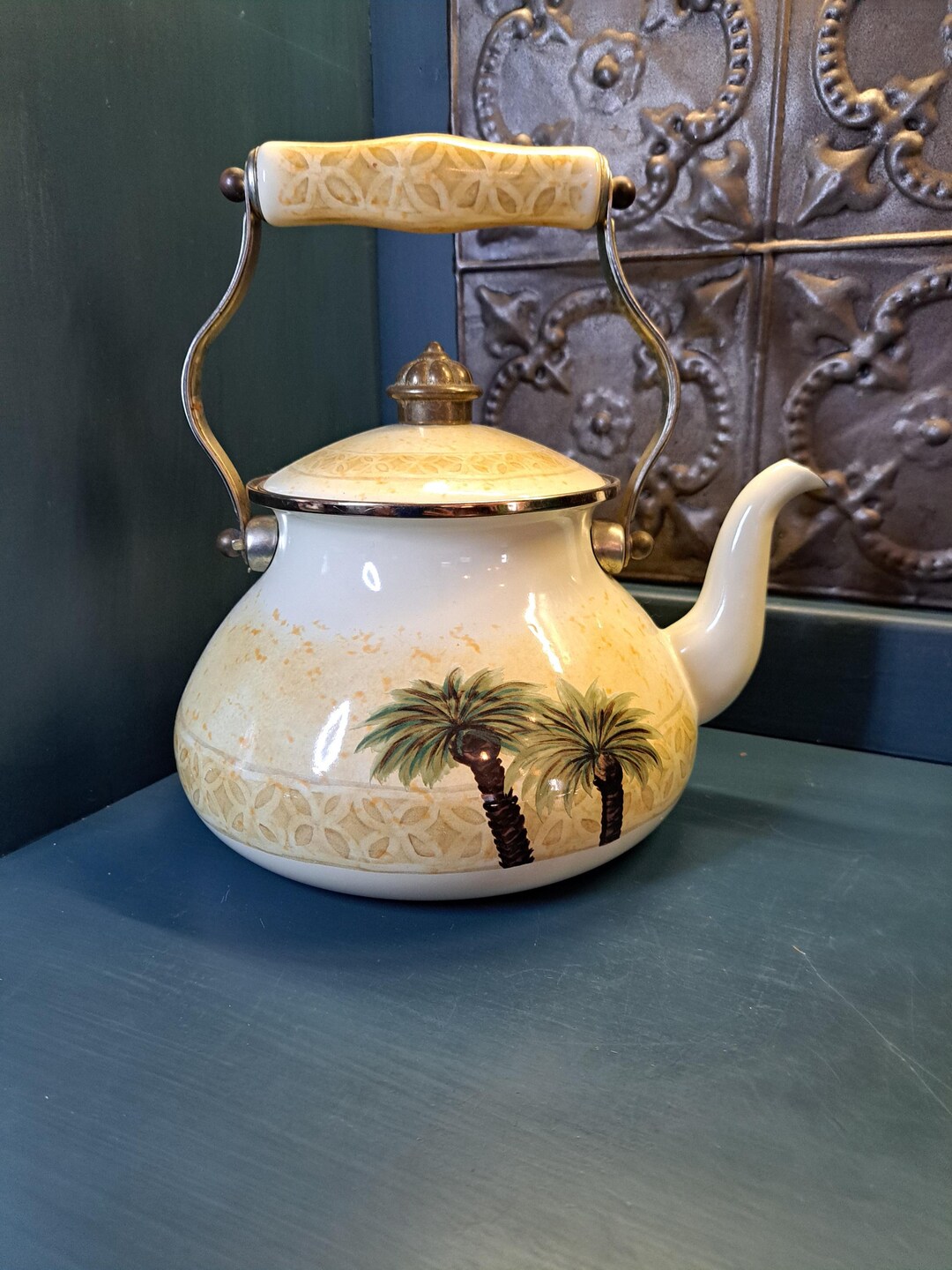 Tea Kettle, Vintage Tabletops Unlimited Palm Trees Tea Pot Vitroceramic ...