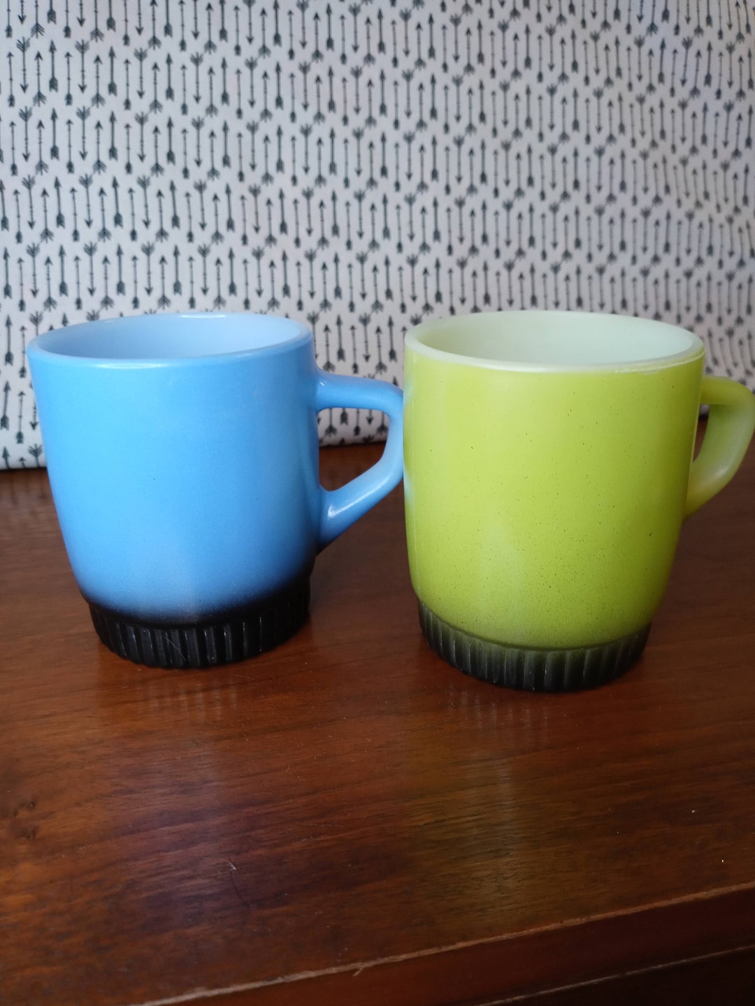 Fire King Blue and Black and Green and Black Coffee Mugs Pair - Etsy