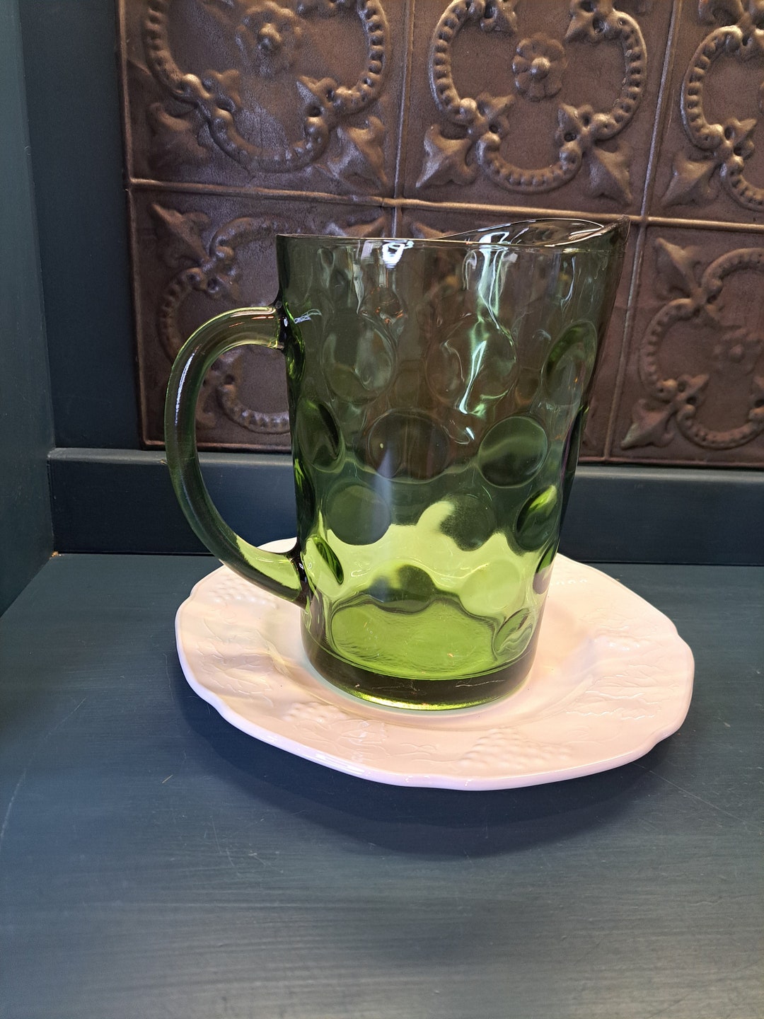 Pitcher, Vintage Avocado Green Polka Dot Glass Pitcher "eldorado" Hazel ...