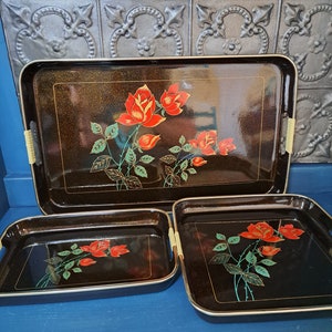 Serving Trays Sparkling Dark Brown W/ Red Roses Vintage Japanese ...