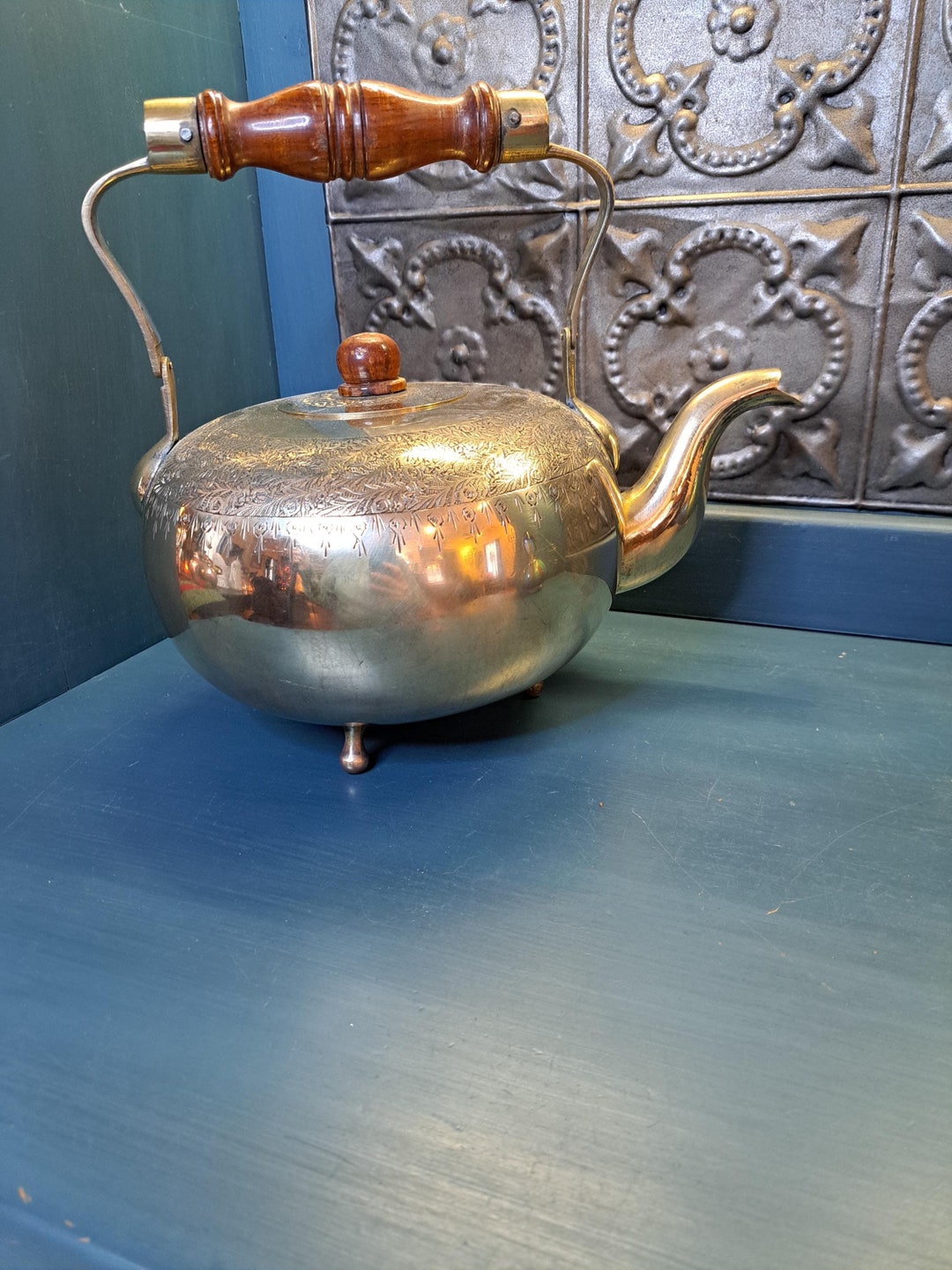 Tea Kettle, LARGE, Solid Brass Tea Kettle With Wood Handle, Tea Pot ...