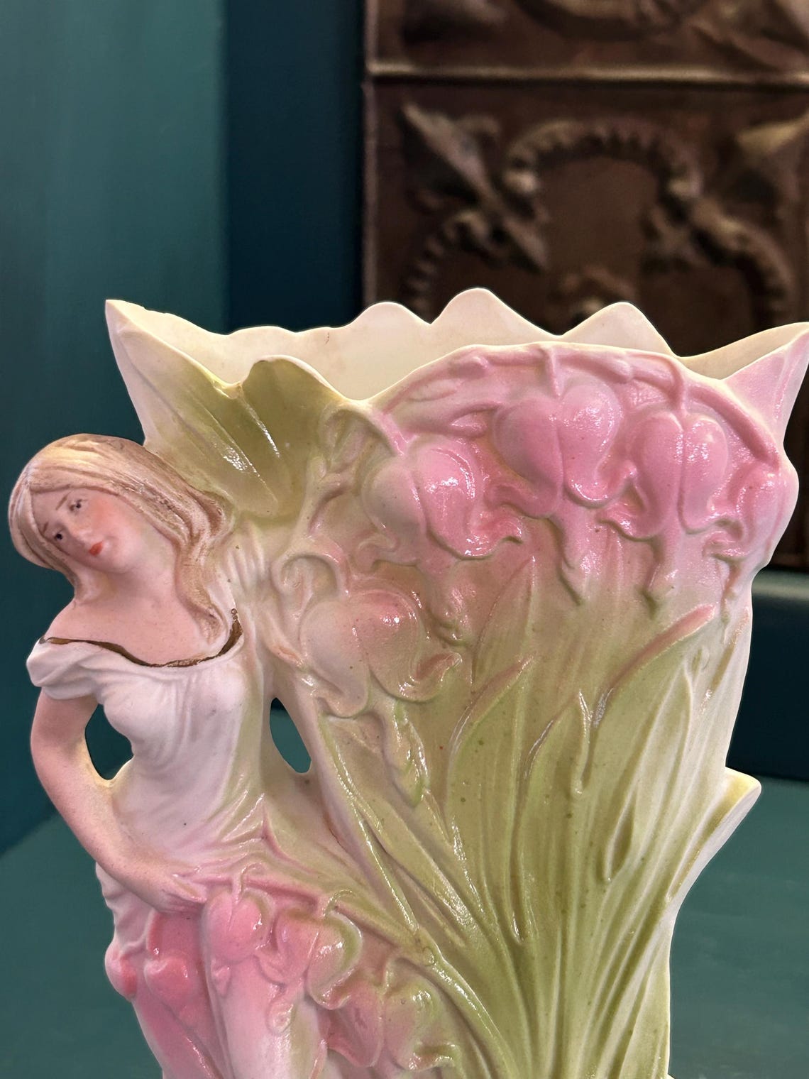 Gebruder Heubach Art Nouveau Vase: Bisque Porcelain Woman With Flowers ...