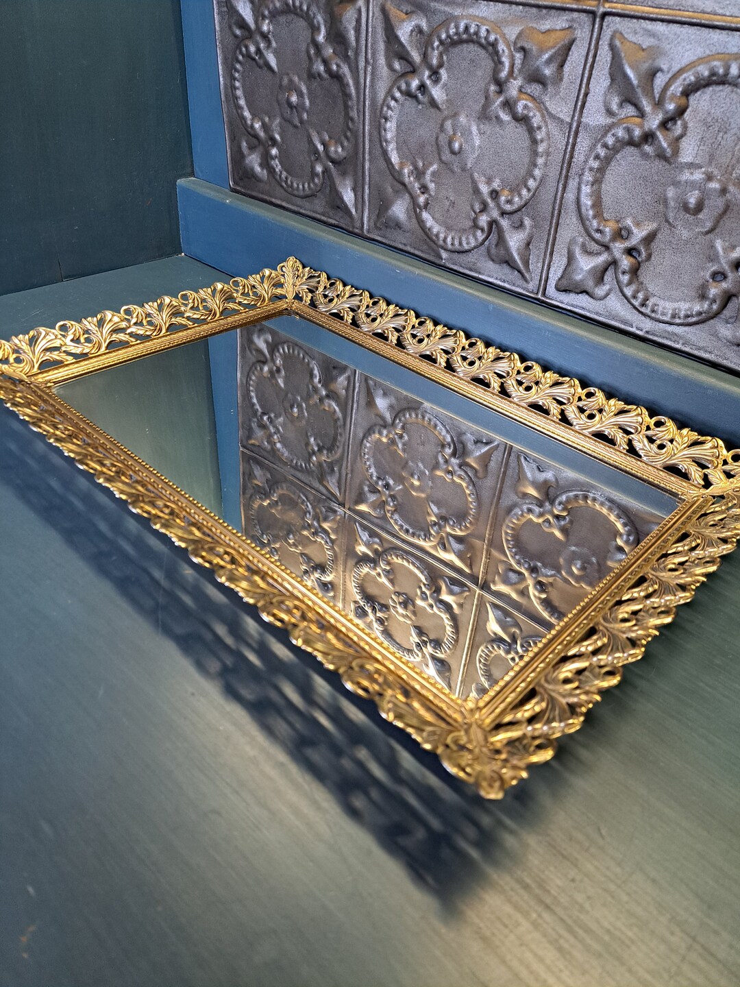 Hollywood Regency Large Mirror Tray, 15-in X 10-in, Gold Toned Floral ...