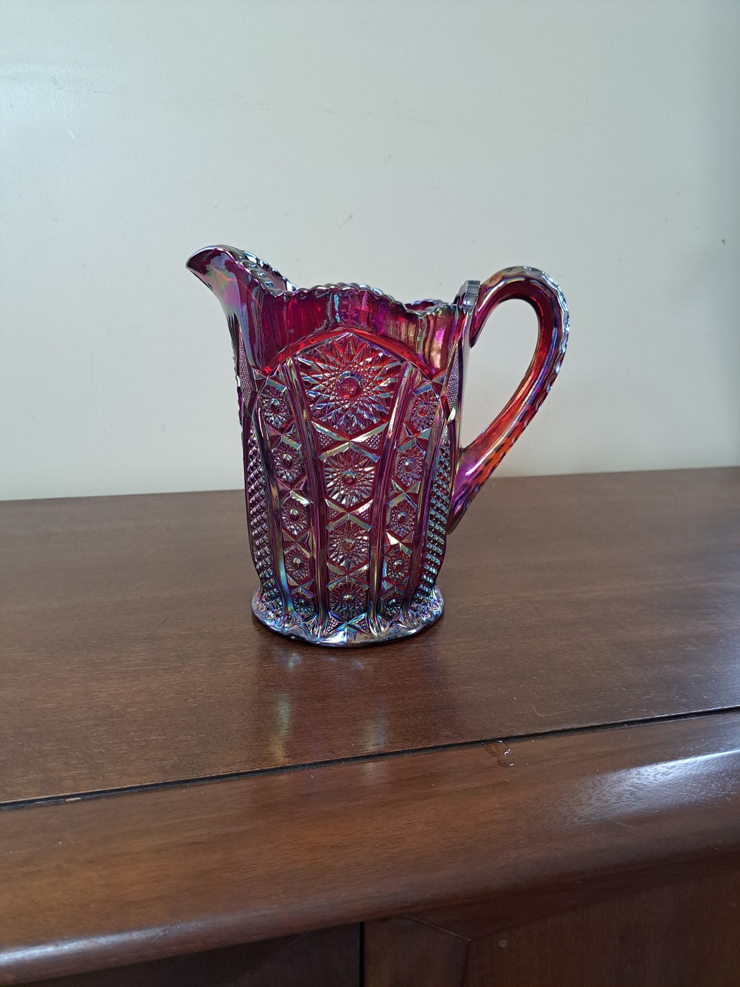 Pitcher, Red Carnival Glass Pitcher, Indiana Glass Heirloom Sunset ...