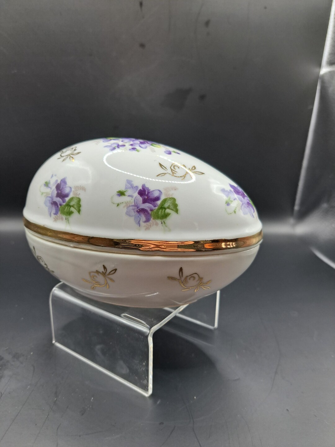 Porcelain Egg, Trinket Box, Large Egg Shaped, Purple Violets, Jewelry ...