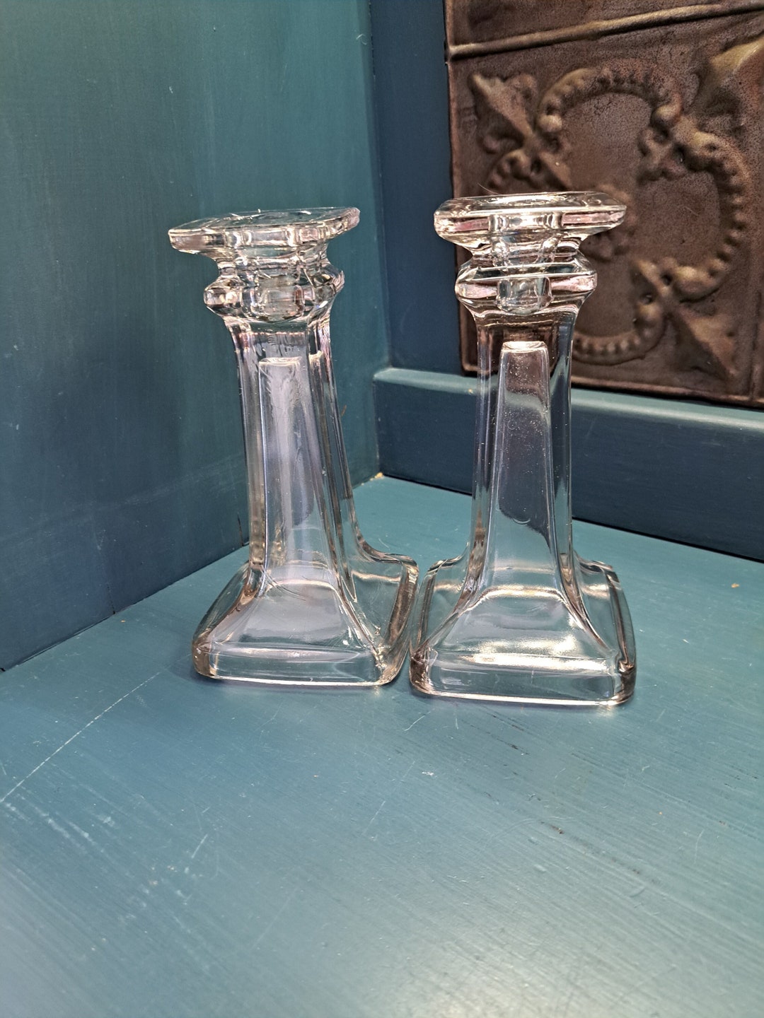Cut Glass Candle Holders, Pair Set Cut Glass Tiered Taper Candlestick ...