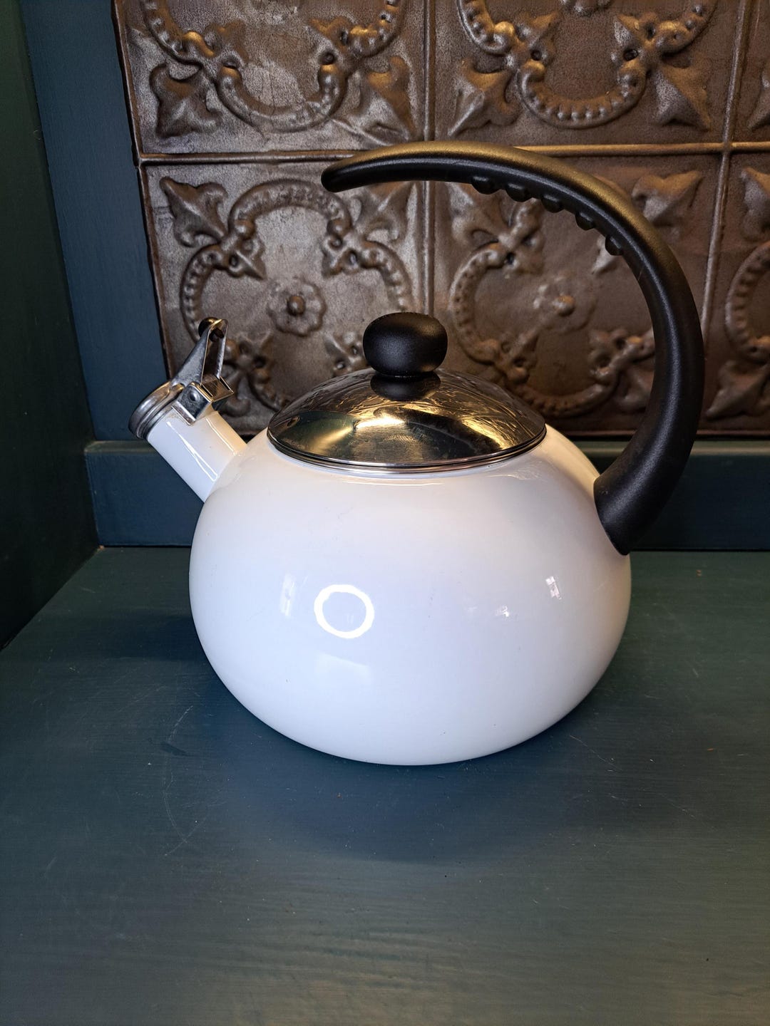 Tea Kettle, Vintage Kitchen Decor, Farberware White Enamelware Tea ...