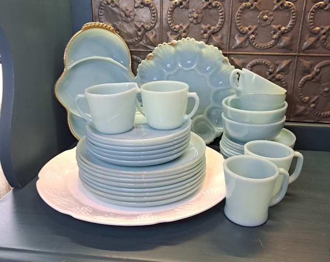 Set of 19 Fire King Turquoise Blue Dinnerware Pieces by Anchor Hocking ...