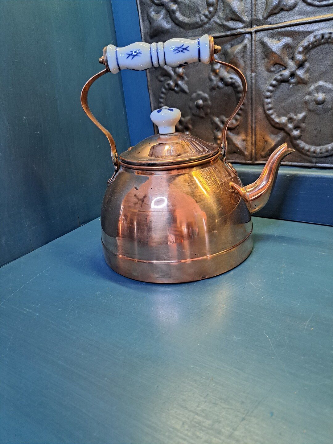 Copper Teakettle, Vintage Copper Teapot, With Delf Blue Handle, Vintage ...