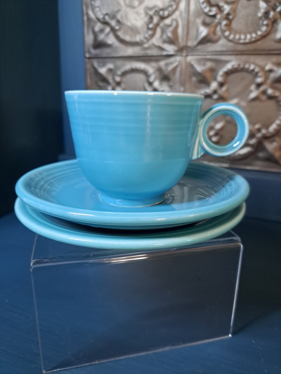 Fiestaware, Fiesta Light Blue Teacup With Two Saucers by Homer Laughlin ...