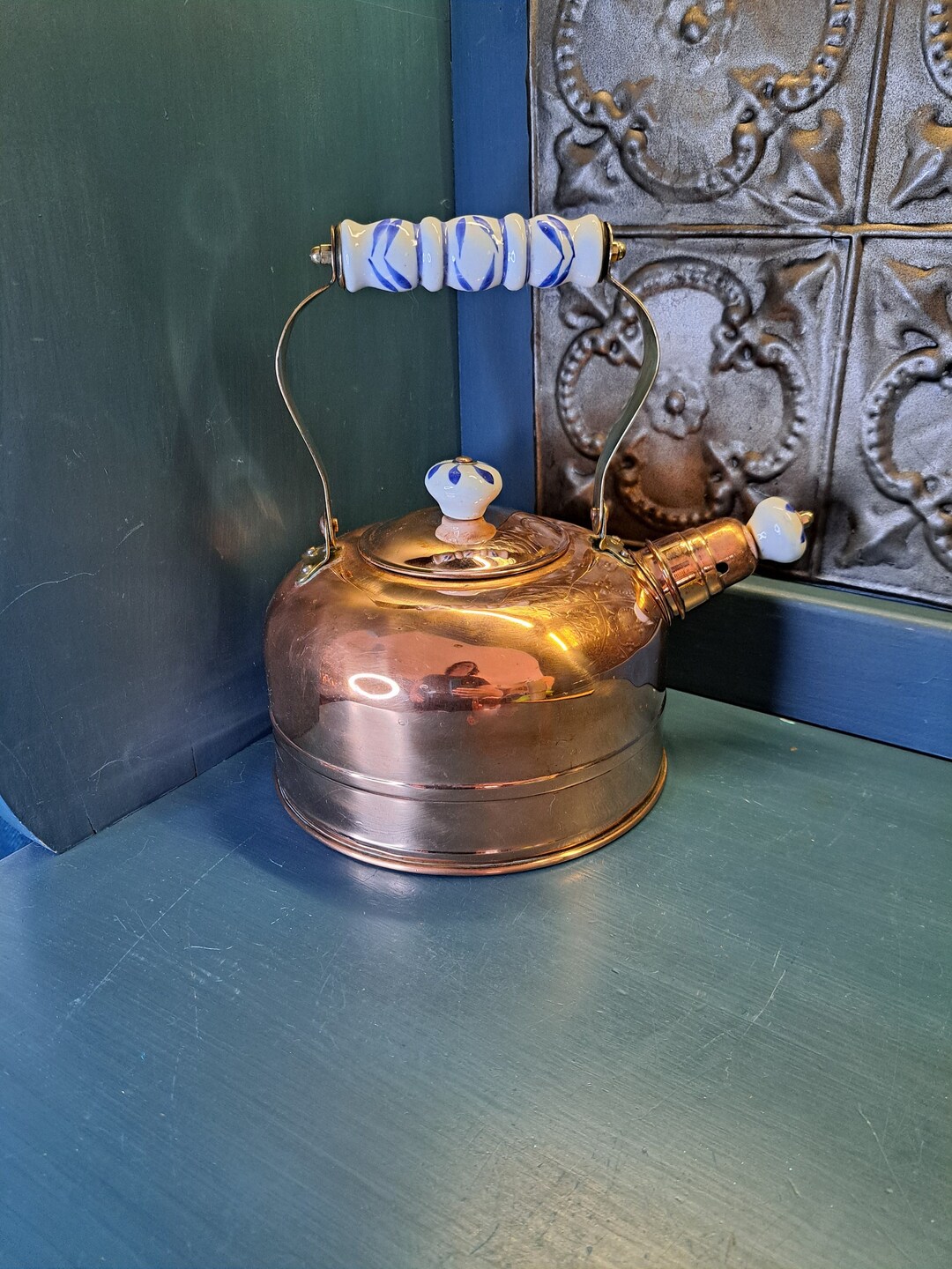 Copper Teakettle, Primitive Copper Teapot, With Delf Blue Handle ...