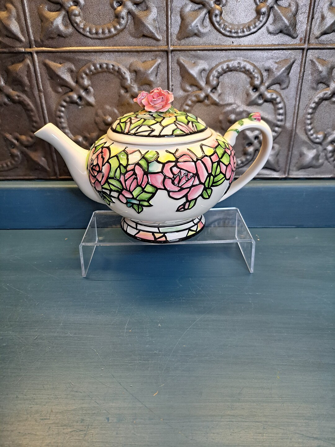 Tea Pot, Pink Rose Teapot, Stain Glass Decor Coffee Pot, Rose Design ...