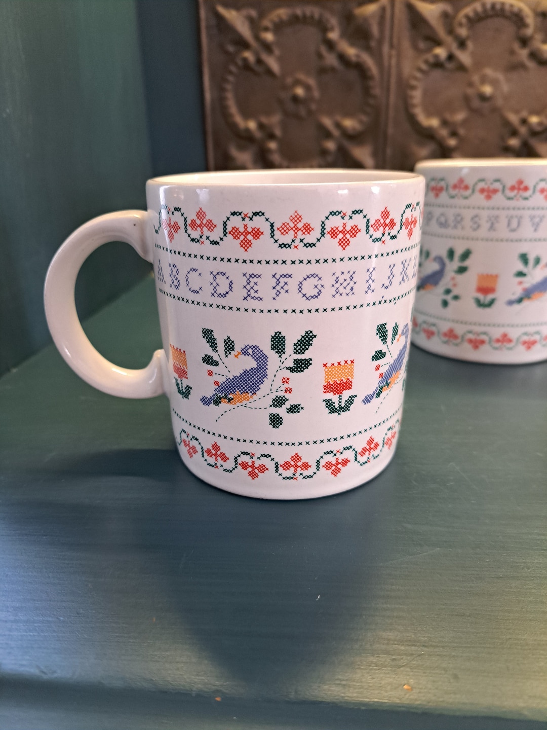 Coffee Cup, Set of 4 Cross Stitch Sampler Coffee Mugs Cups, Vintage ...