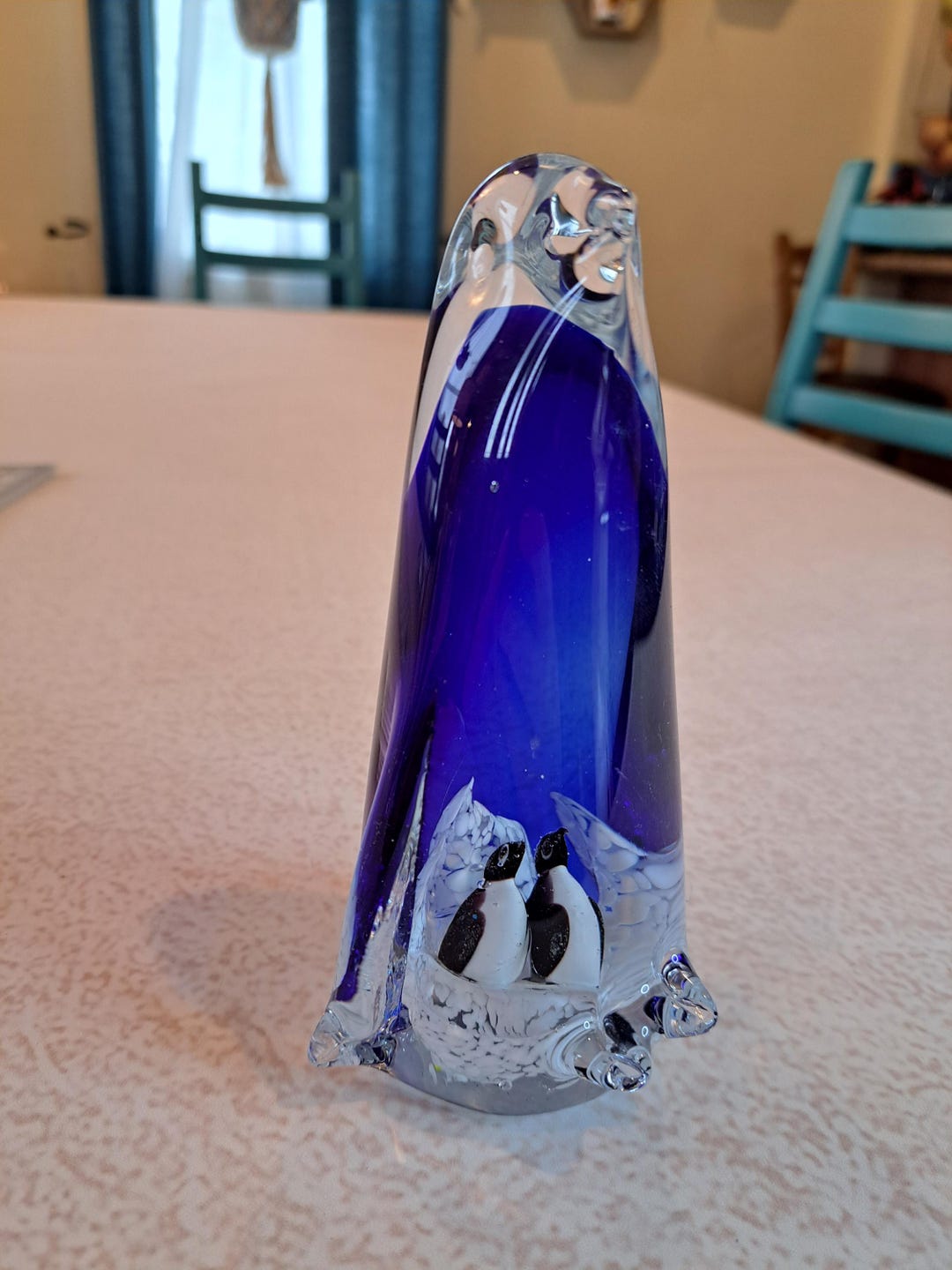 Penguin, Art Glass Penguin With Two Baby Penguins Inside Cobalt Blue ...