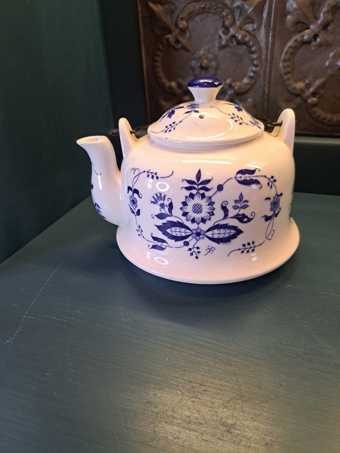 Teapot, Vintage Blue Onion Pattern, Ceramic Teapot, Black Wired Handle ...