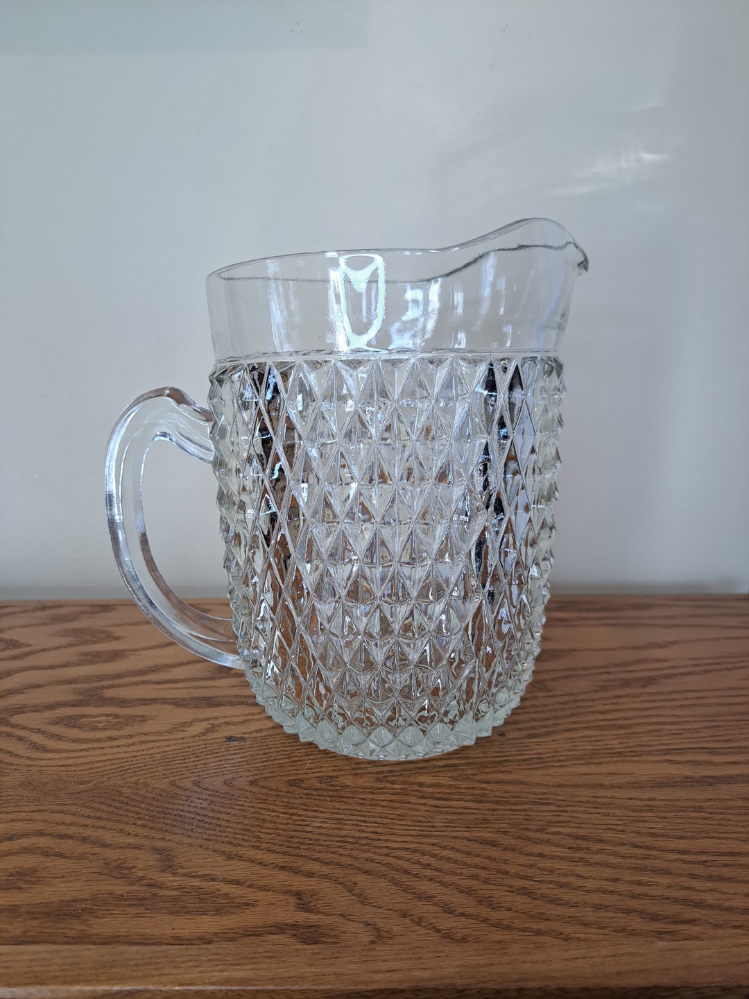 Pitcher, Vintage Indiana Glass Diamond Point Pitcher, Diamond Pattern ...
