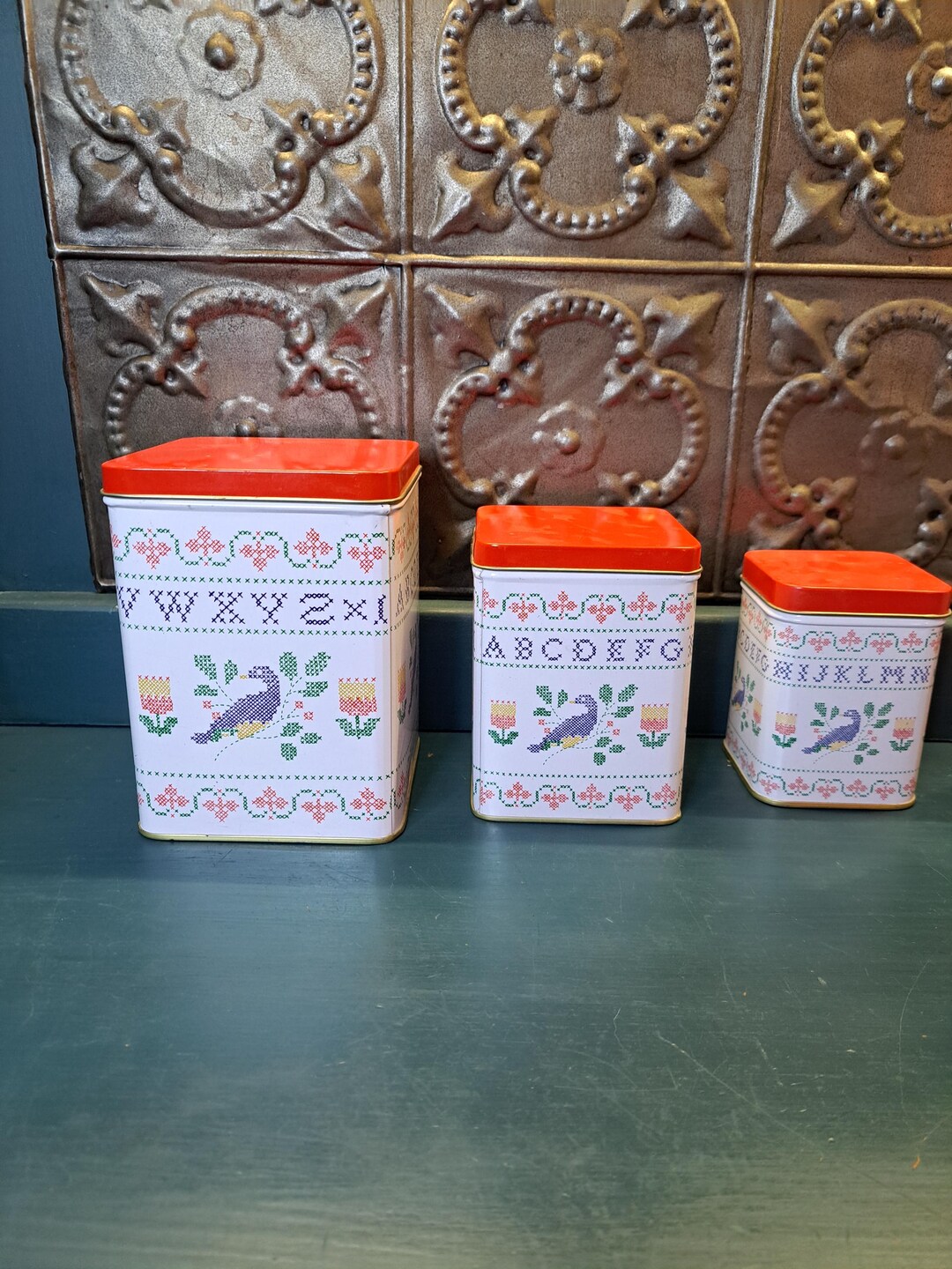 Canister Set, Set of 3 Cross Stitch Sampler Tin Metal Canisters ...