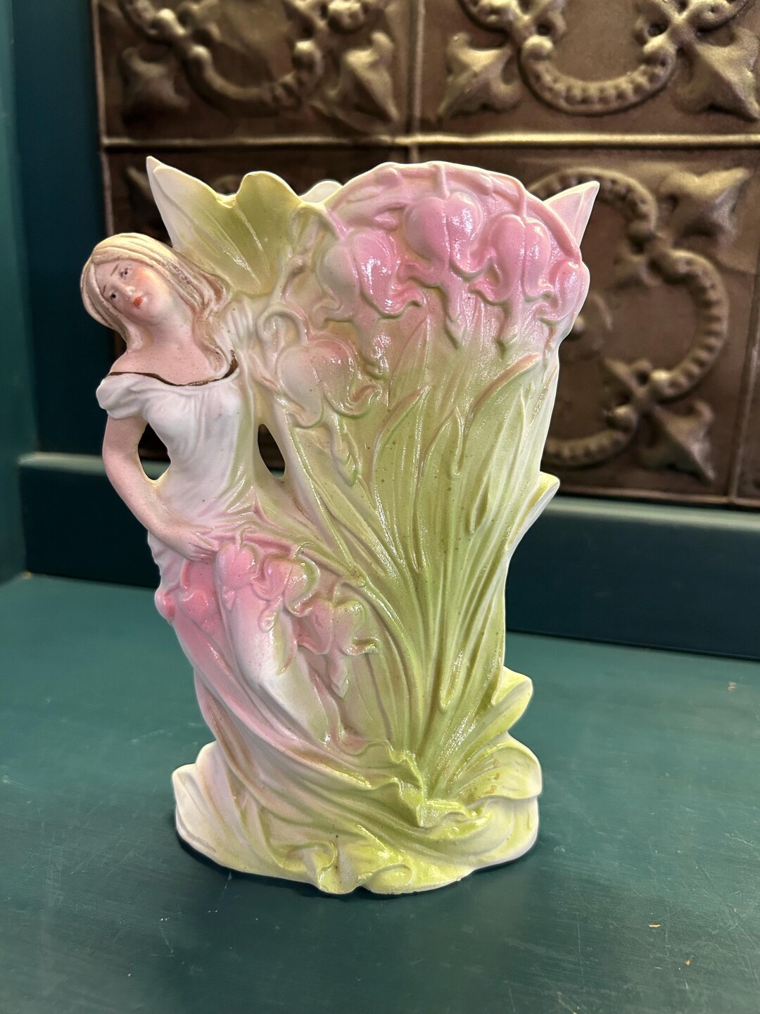 Gebruder Heubach Art Nouveau Vase: Bisque Porcelain Woman With Flowers ...