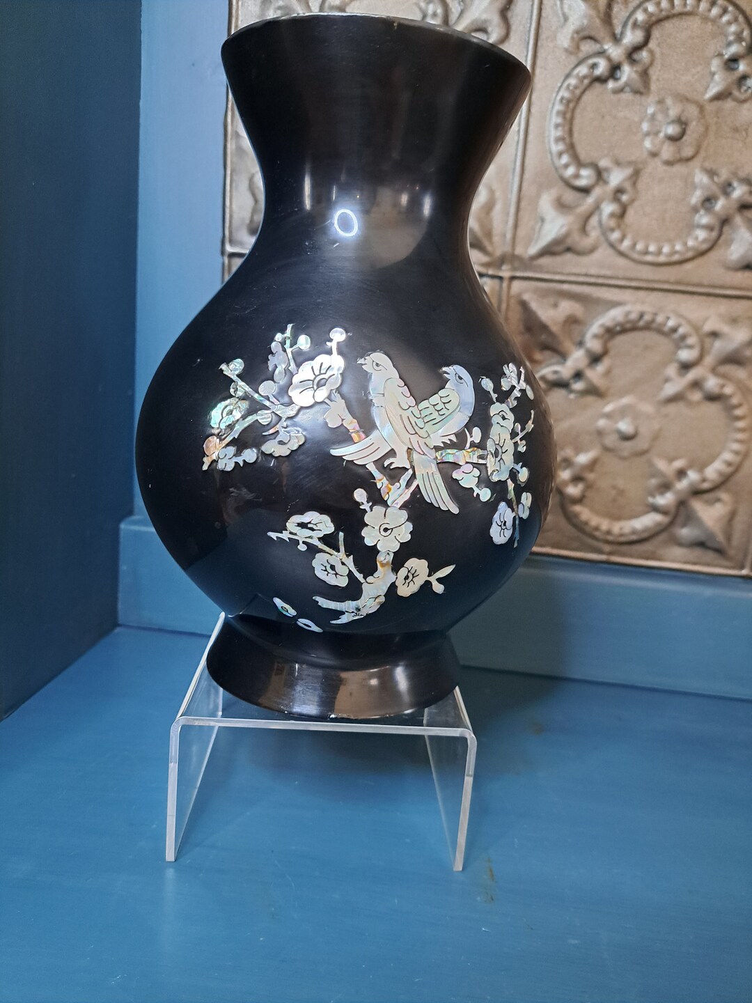 Chinoiserie Vase, Black Resin Lacquer 8-inch Vase, Asian Style Vase ...