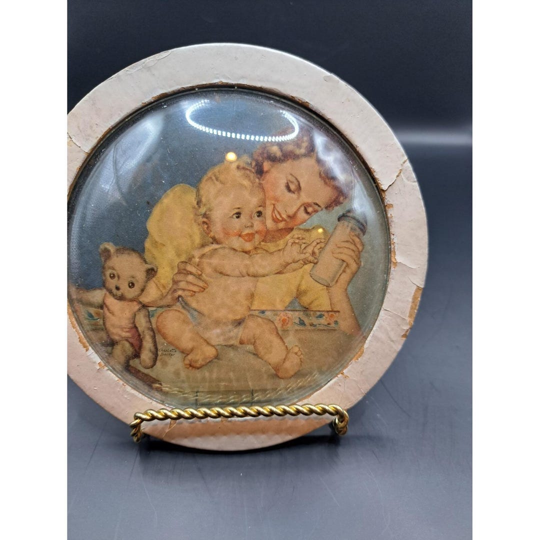 Vtg Baby Bubble Frame WALL PLAQUE Picture Convex Nursery Glass Bottle ...