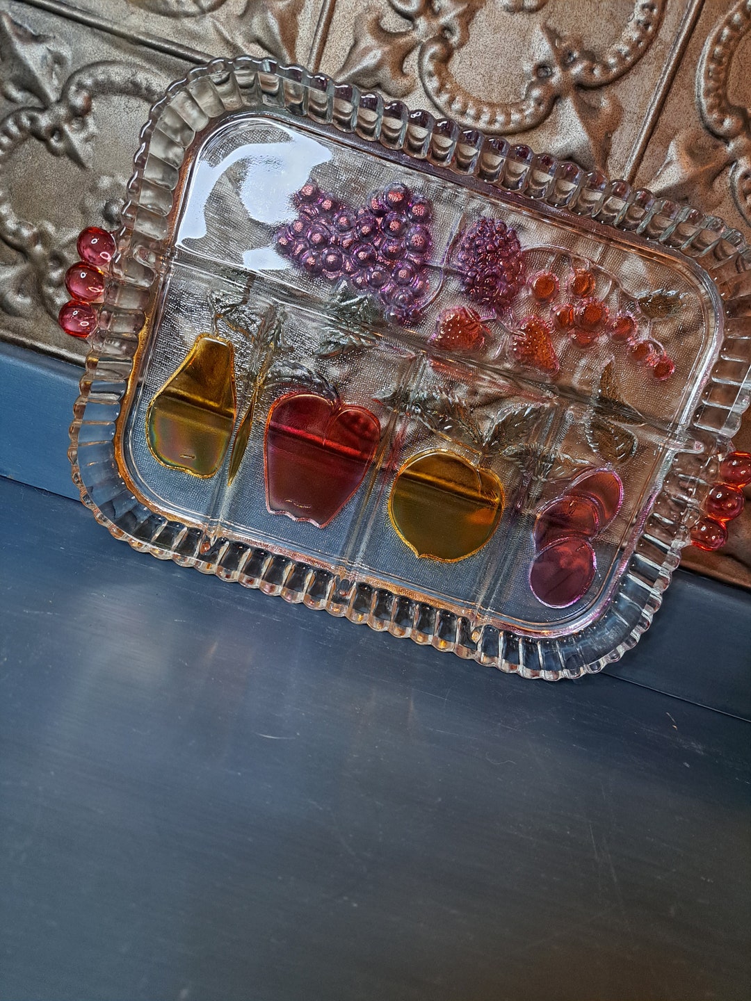 Vegetable Tray, Clear With Colored Fruit and Veggie Indiana Glass 12 ...
