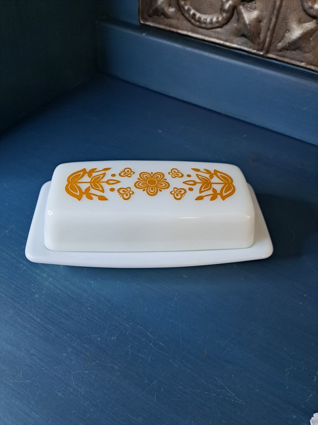 Pyrex, Vintage Pyrex Butterfly Gold Butter Dish, Retro Kitchen, Made in ...