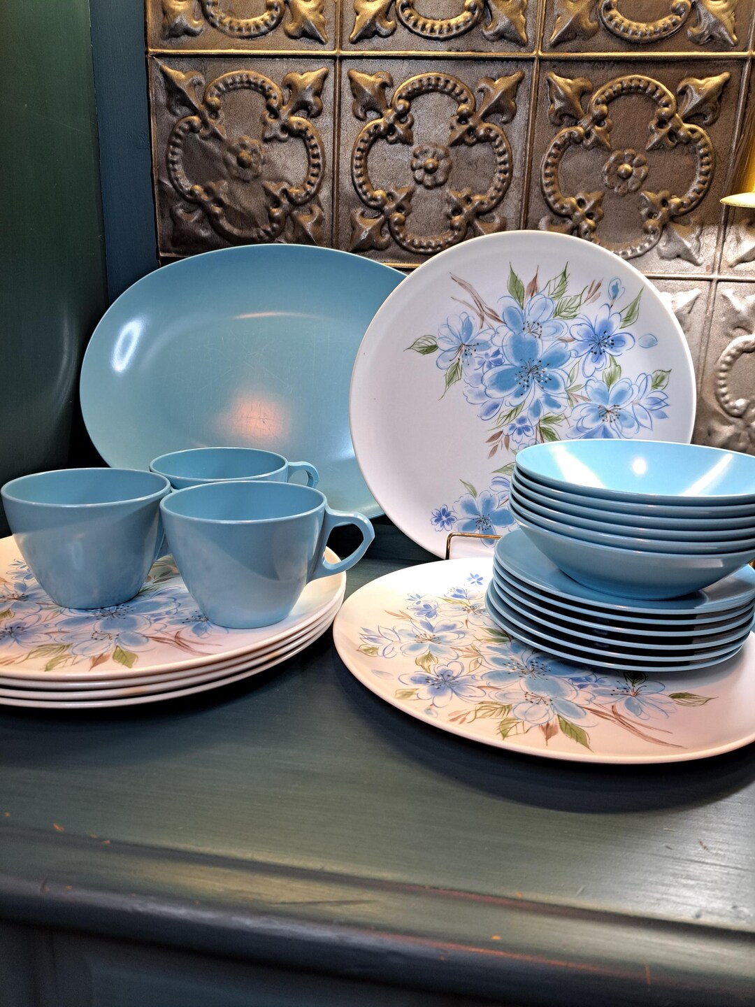 Melmac Plates, Mixed Set of Blue Catalina Melmac, Blue Melamine Serving ...