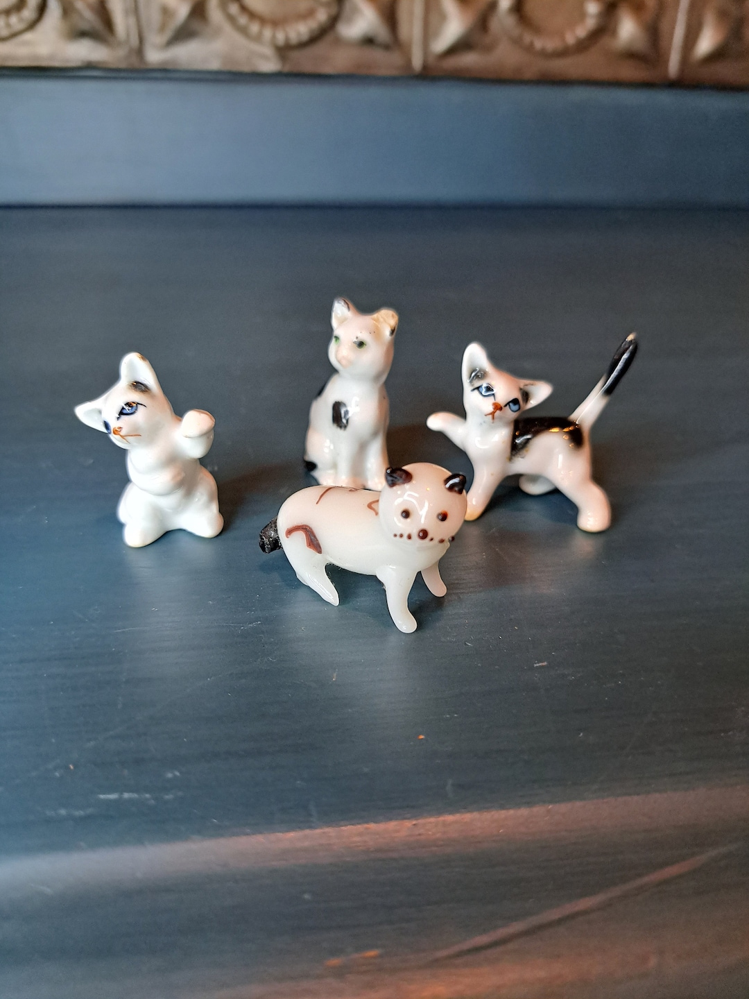 Cat Figurine, Four Very Small Black and White Cat Figurines ...